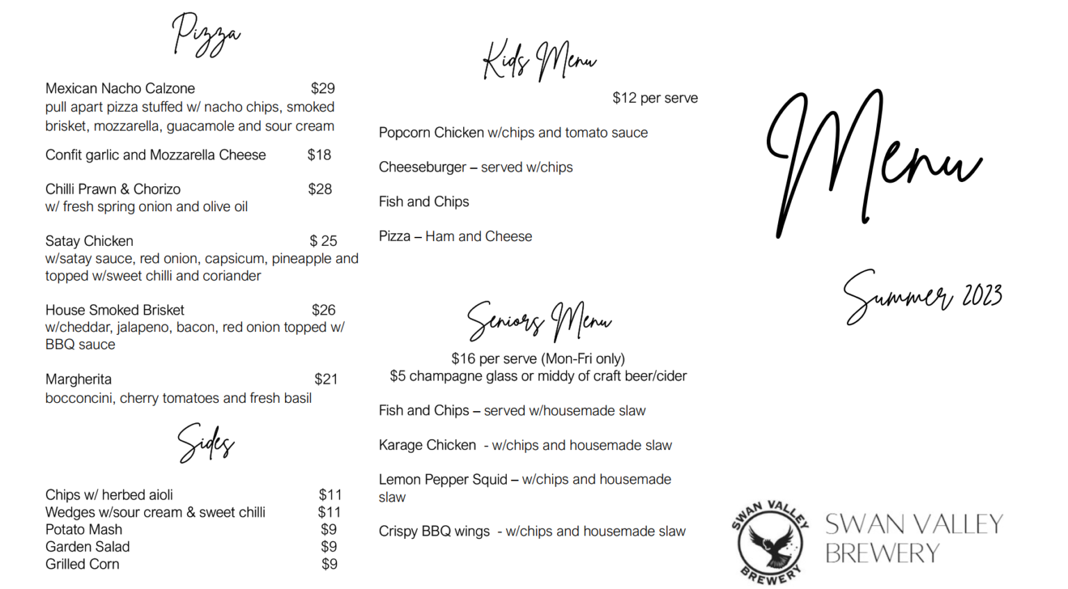 Lunch & Dinner Menu – Swan Valley Brewery